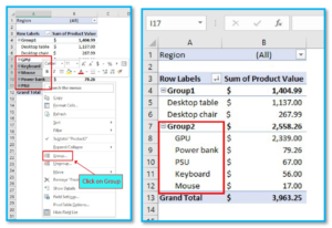 Create Group in Pivot Table Items in Excel.