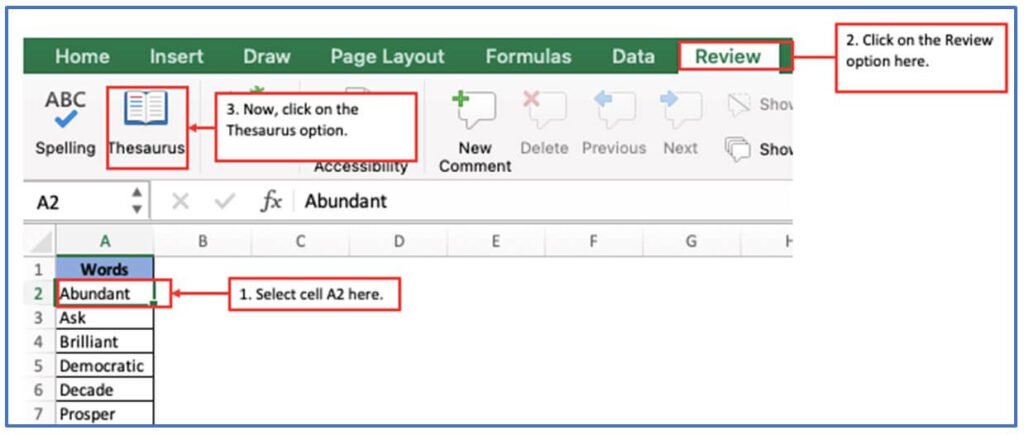 How to use thesaurus and Spelling check in Excel? - Resource
